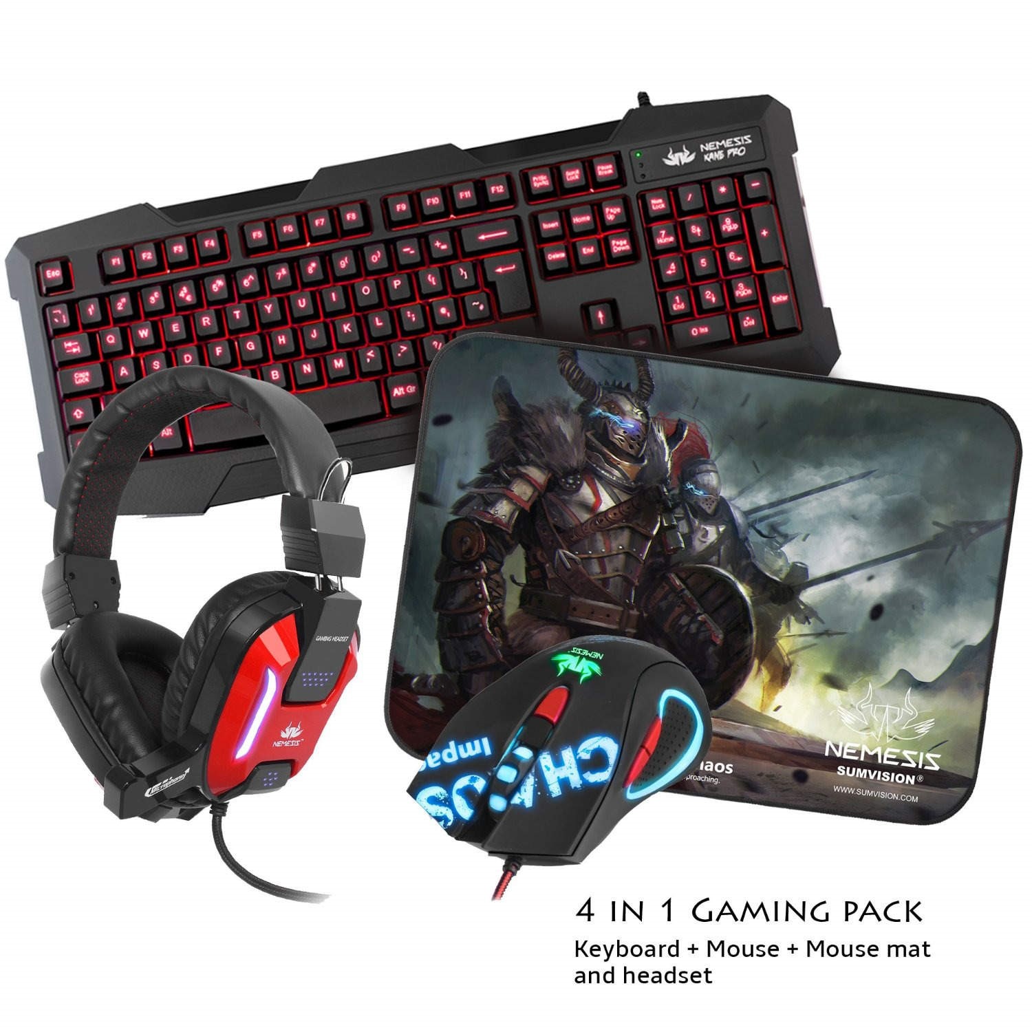 Sumvision - LED Gaming Keyboard Mouse Headset & Mouse Mat - Nemesis ...
