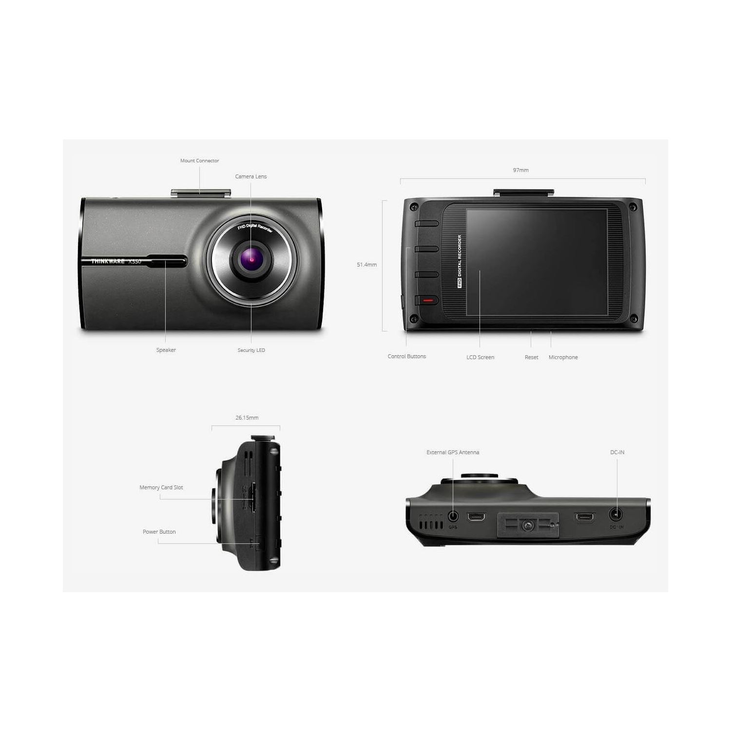 Thinkware X350 Full HD Dash Cam 8GB Micro SD Card - GPS Hardwire Kit ...