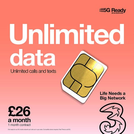 Three Unlimited Data SIM Only Contract 1 Month - Laptops Direct